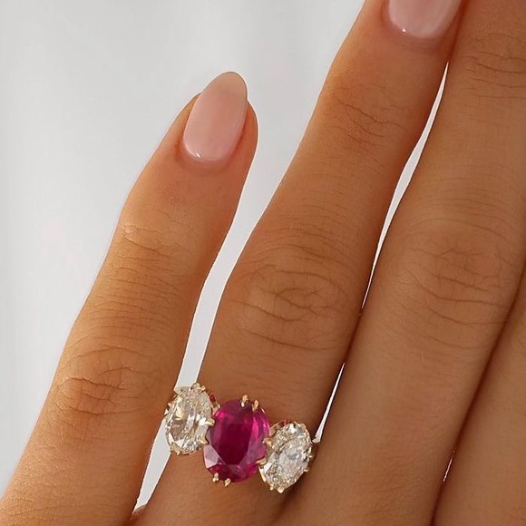Nextnecklace | Jewelry | Golden Three Stone Oval Cut Ruby Sapphire ...